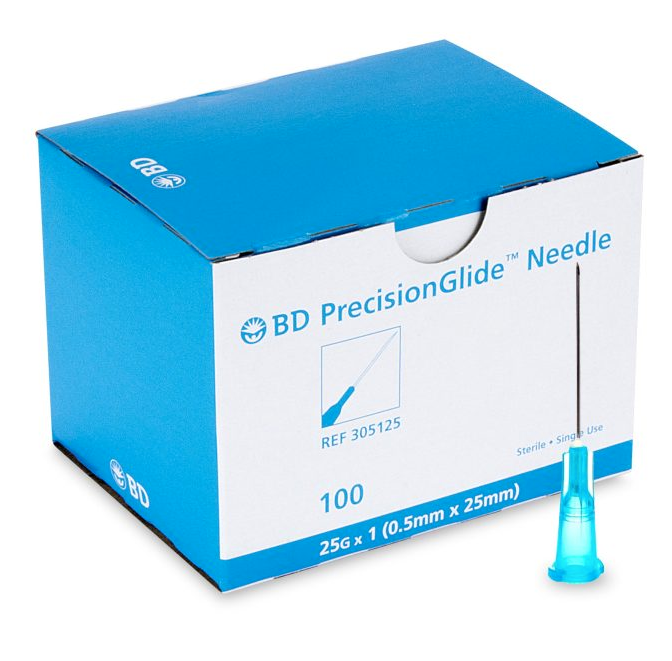 Hypodermic Needle 25G x 1" Regular Bevel, 100/Bx